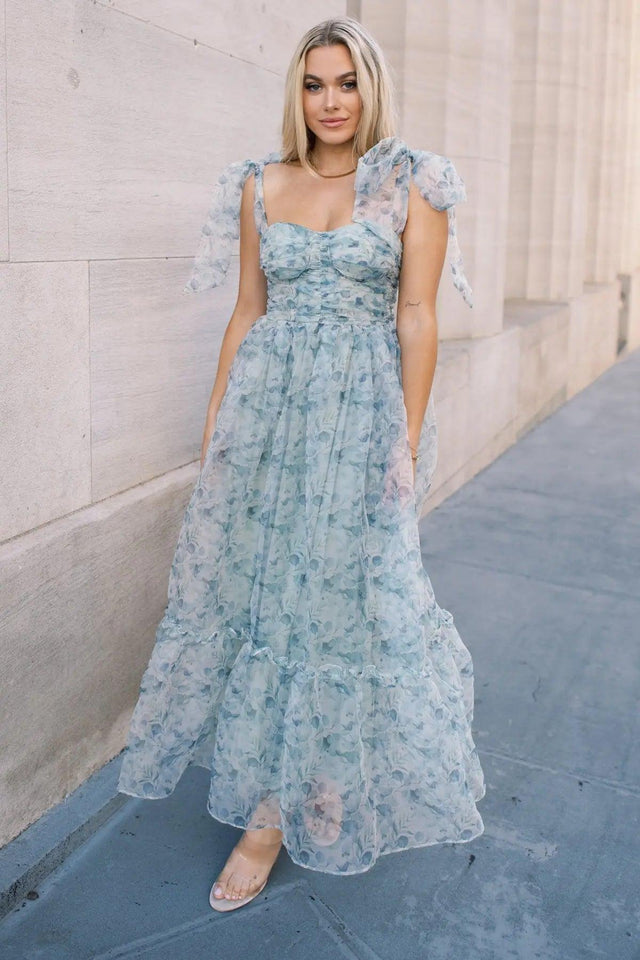 Sweet Serenade Green & Blue Floral Corset Maxi Dress | JO+CO